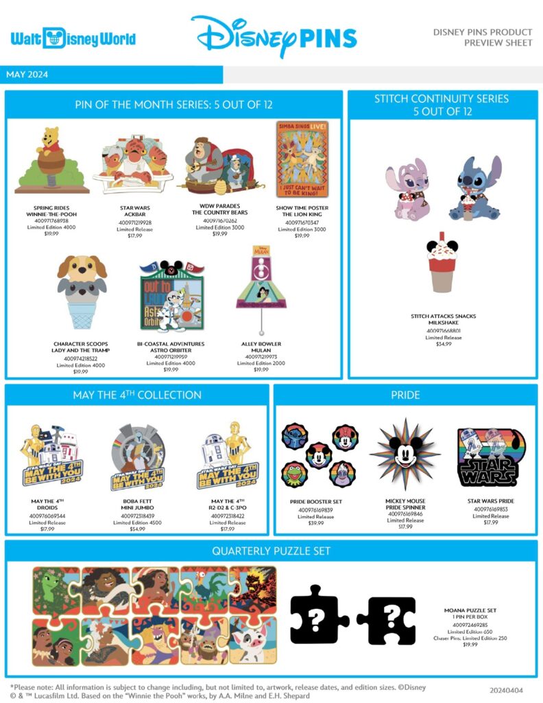 Walt Disney World Resort May 2024 Pins Preview Sheet | Disney Mouseketeer
