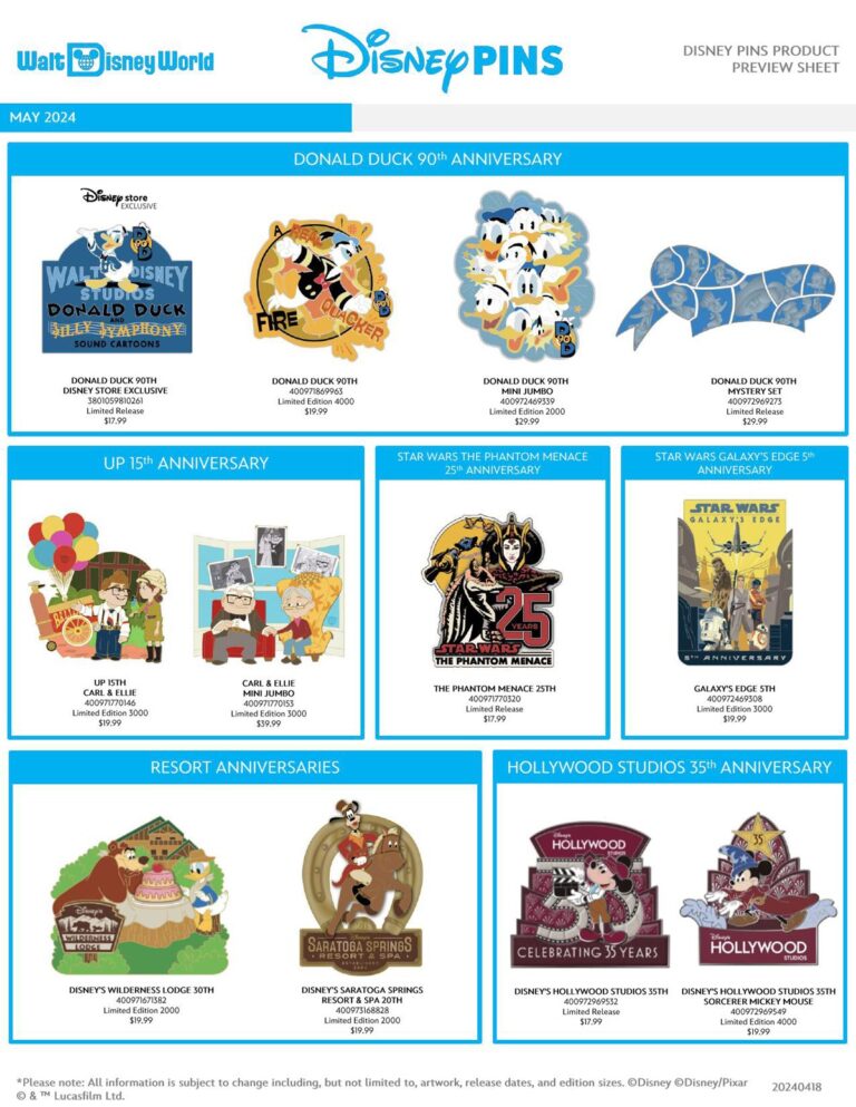 Walt Disney World Resort May 2024 Pins Preview Sheet | Disney Mouseketeer